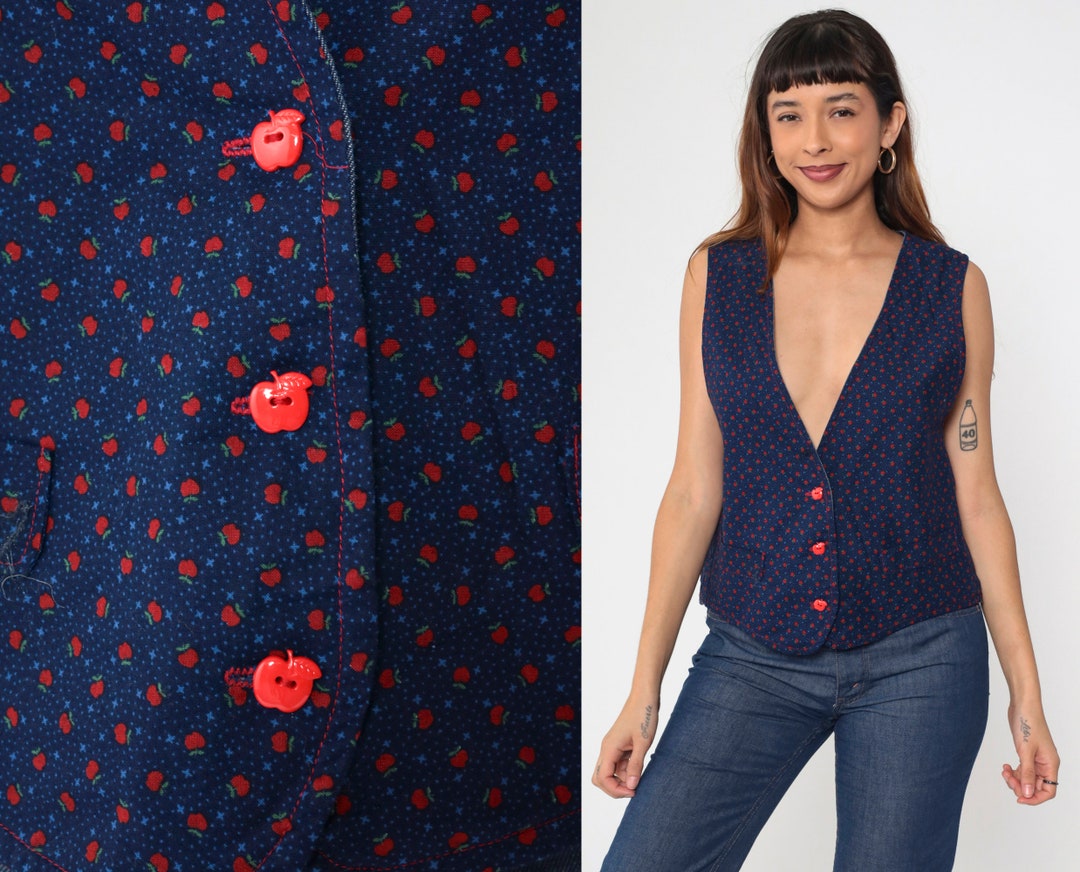 70s Vest Blue Button up Vest Sleeveless Jacket Red Ditsy Apple Fruit ...