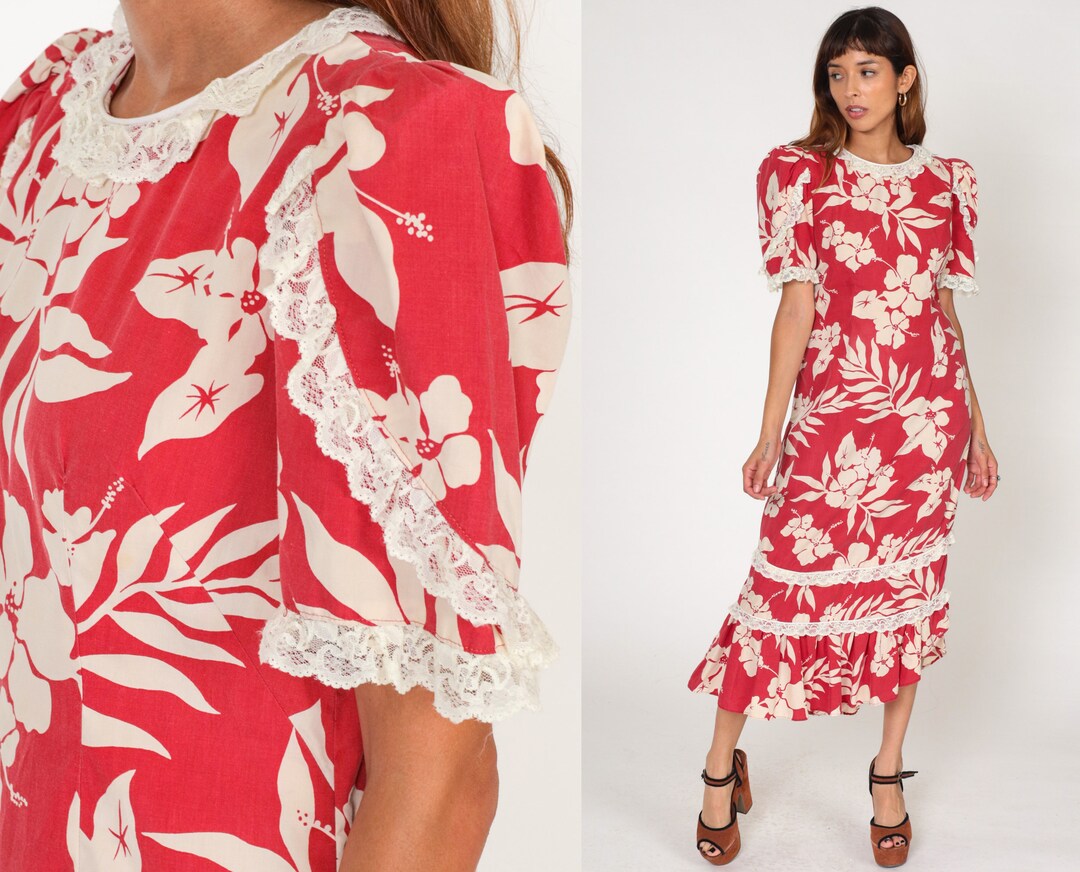 Red Hawaiian Dress 90s Floral Dress Puff Sleeve Shift Retro - Etsy