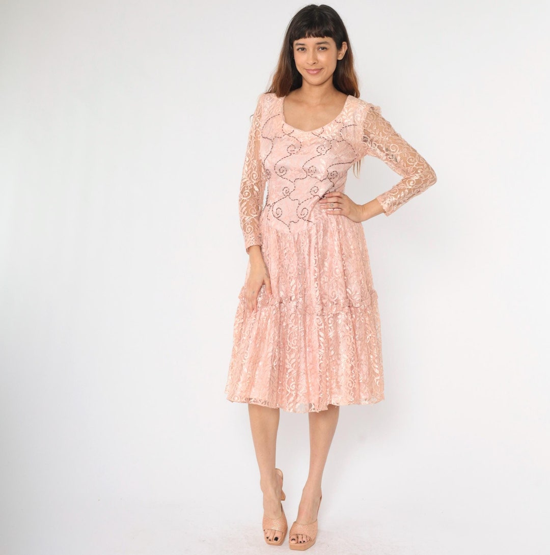 1960s Pink Lace Party Dress Medium 8 Beaded Formal Vintage Long Sleeve ...