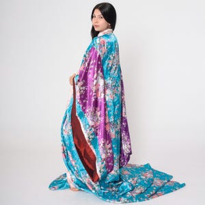 Vintage Floral Kimono Robe Turquoise Purple Long Silk Japanese Robe ...