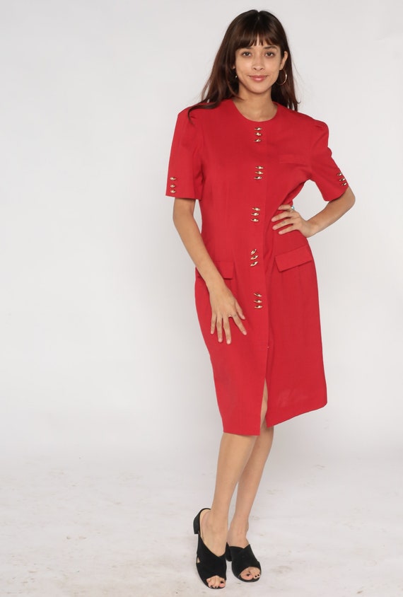 Red Sheath Dress 80s Midi Short Puff Sleeve Leslie Fa… - Gem