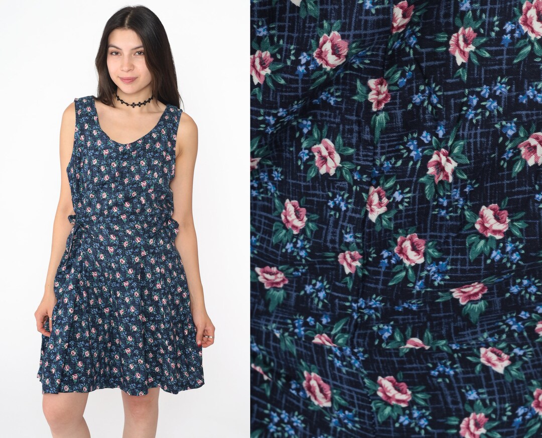 Navy Floral Dress 90s Mini Dress Retro Sleeveless Shift Side Tie ...