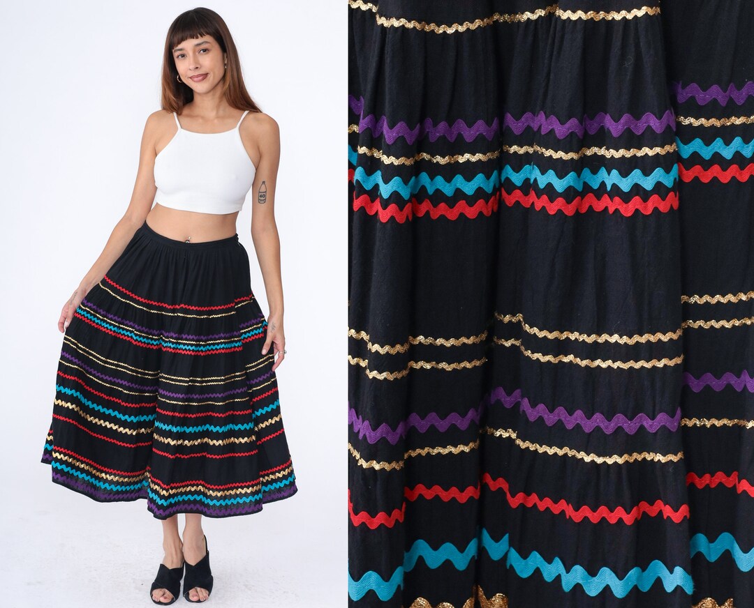 Ric-rac Peasant Skirt 80s Midi Skirt Black Gold Metallic Striped ...