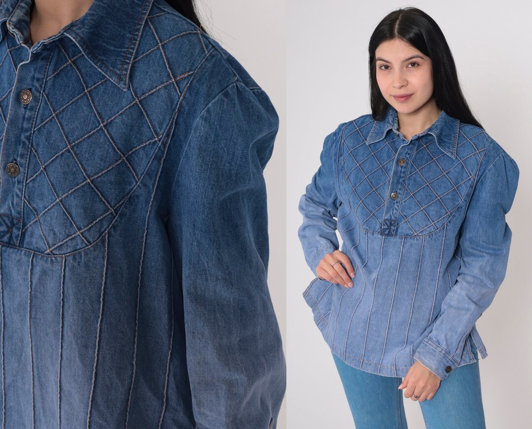 70s Denim Shirt Gradient Blue Jean Button up Shirt Checkered Striped ...