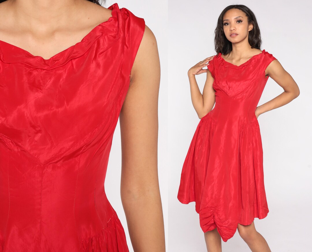 60s Party Dress Red Cap Sleeve Prom Dress Bow Back Mini Fitted High ...