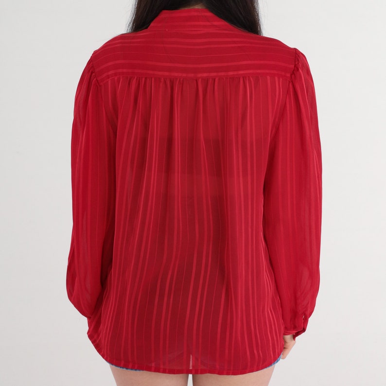 Red Striped Blouse 70s Semi-sheer Button up Top Puff Sleeve Shirt Retro ...