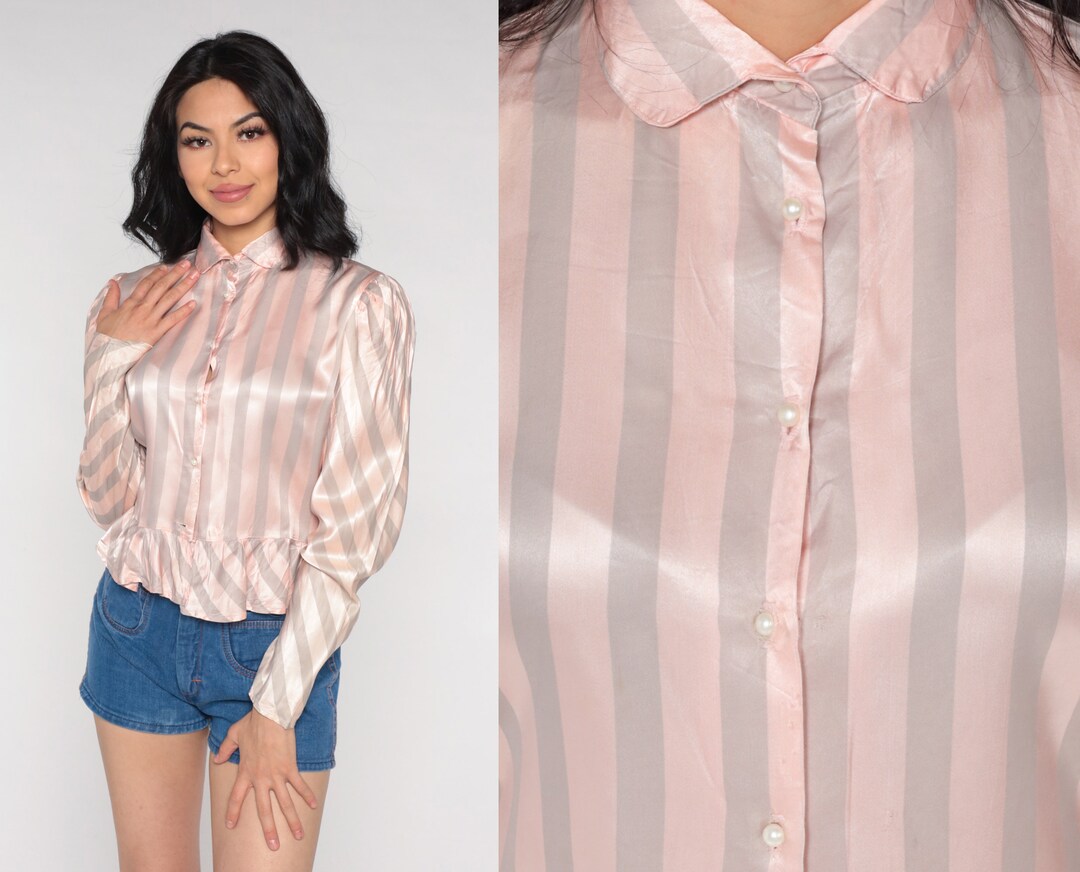 Striped Blouse 80s Pink Grey Peplum Shirt Long Puff Sleeve Top Retro ...