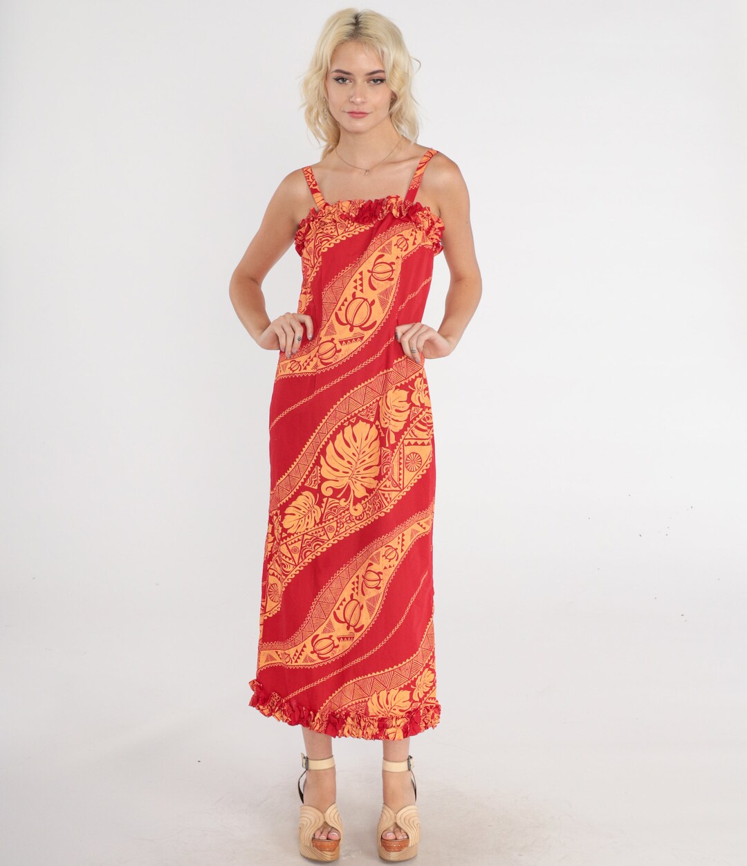 Hawaiian Sun Dress 90s Maxi Sea Turtle Print Red Tropical Leaf Sundress ...