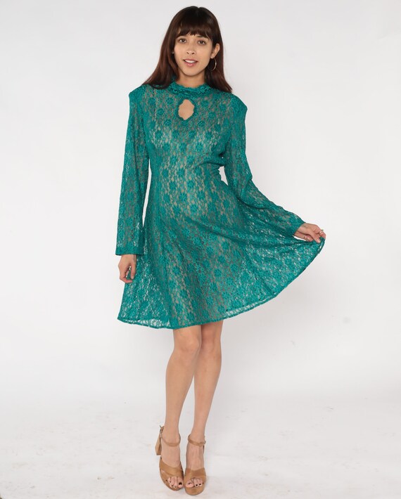 Green Lace Dress 90s Sheer Keyhole Dress Mini Party D… - Gem