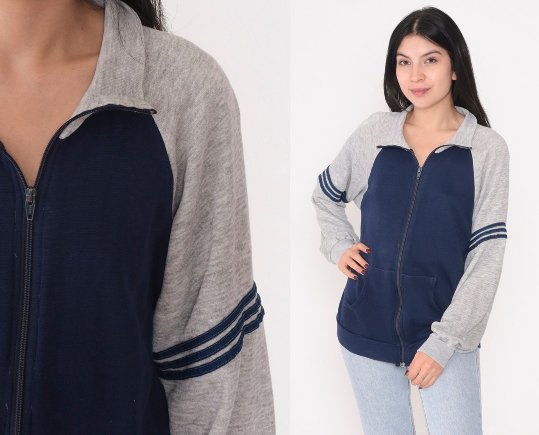 80s Track Jacket Navy Blue Grey Zip up Sweatshirt Basic Retro Color ...
