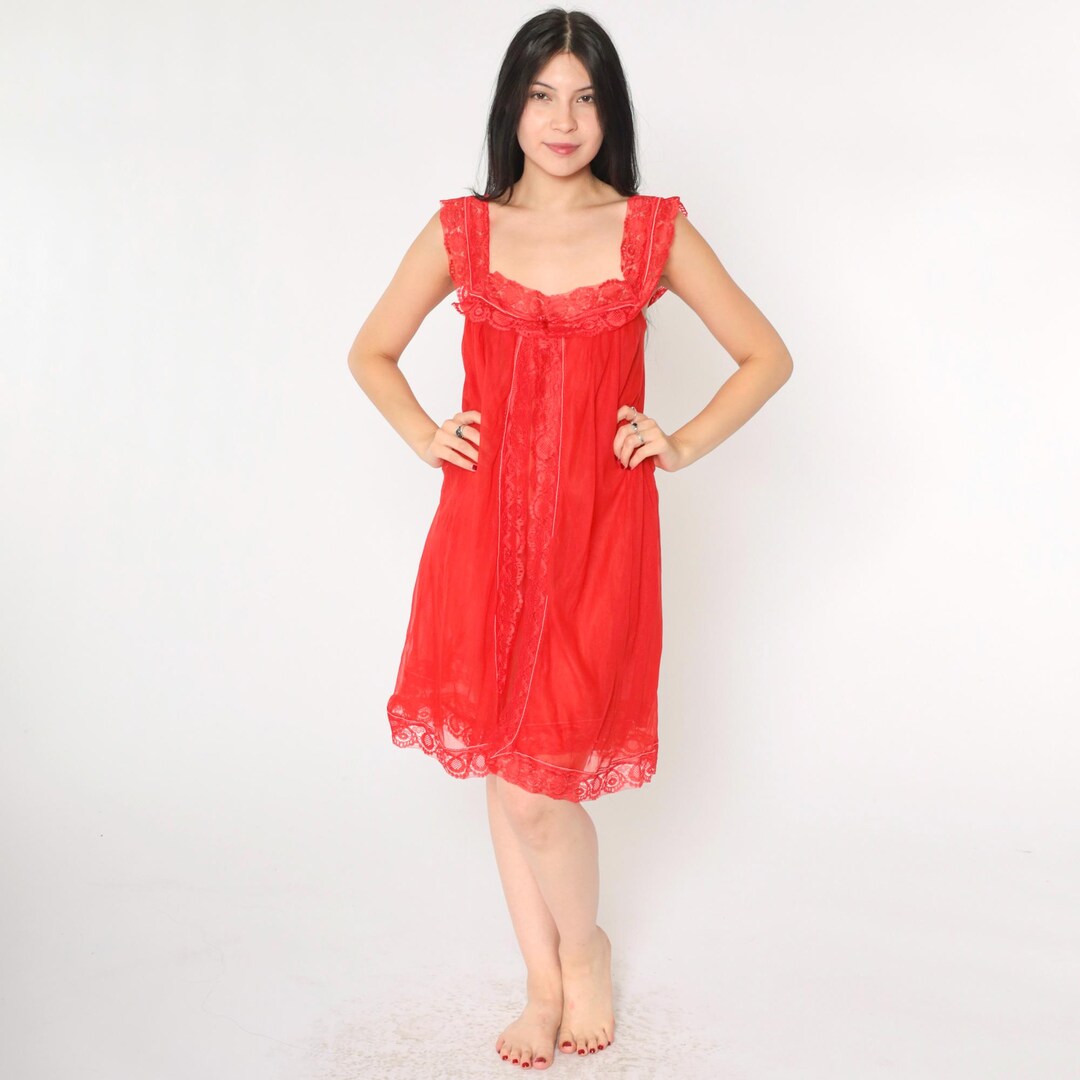 70s Red Slip Dress Lace Trim Lingerie Nightgown Sheer Mini Nightie ...
