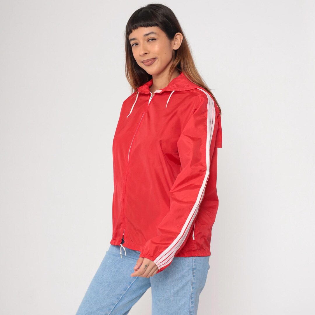 90s Red Windbreaker Hooded Jacket Zip up Jacket Striped Hoodie Jacket ...