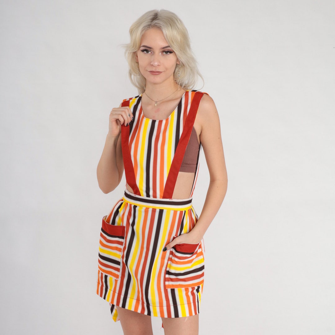 70s Apron Mod Striped Open Back Diner Uniform Seventies Dress Pinafore ...