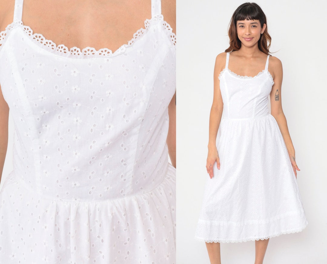 White Eyelet Sundress 70s 80s Midi Dress Sleeveless Summer Floral ...
