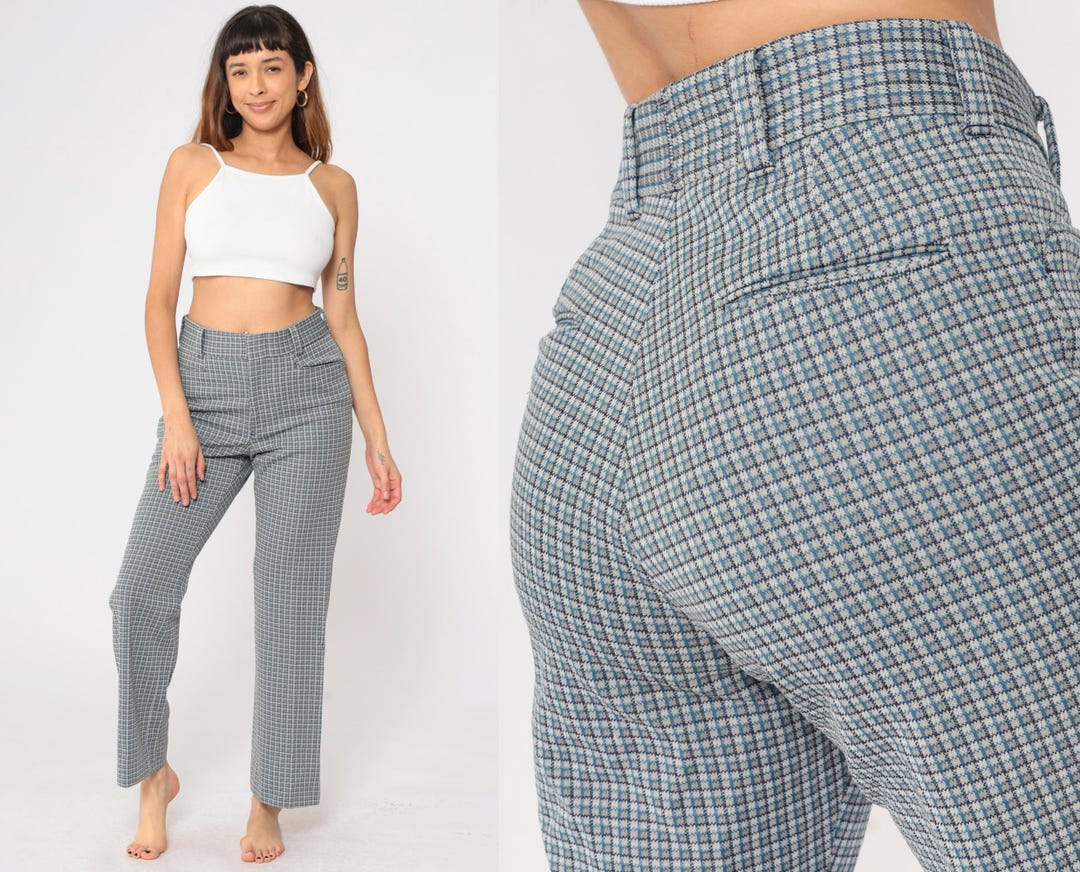 70s Checkered Pants Grey Blue Check High Waisted Trousers Straight Leg ...