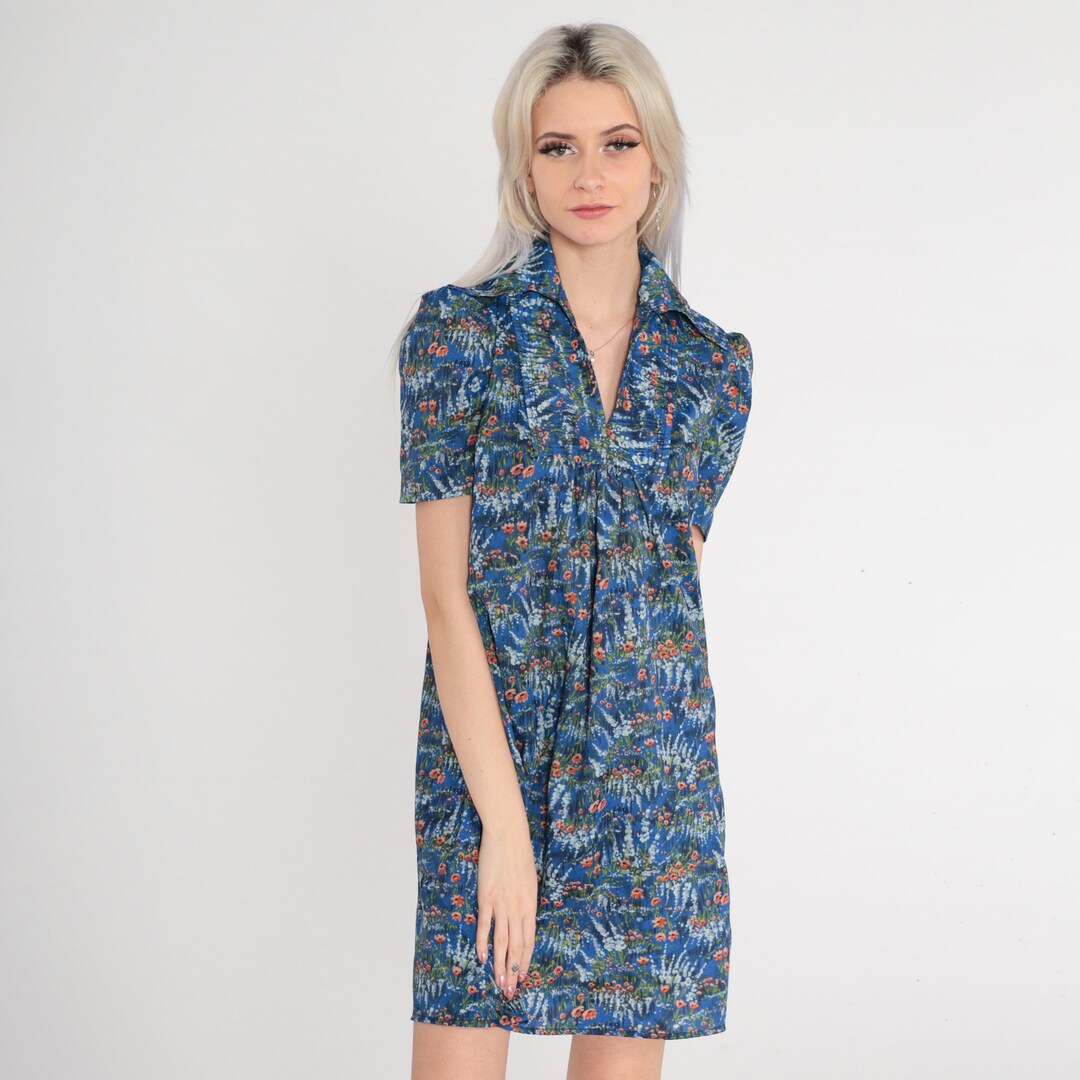 70s Floral Dress Blue Mini Dress Puff Sleeve Collared V Neck Wildflower ...
