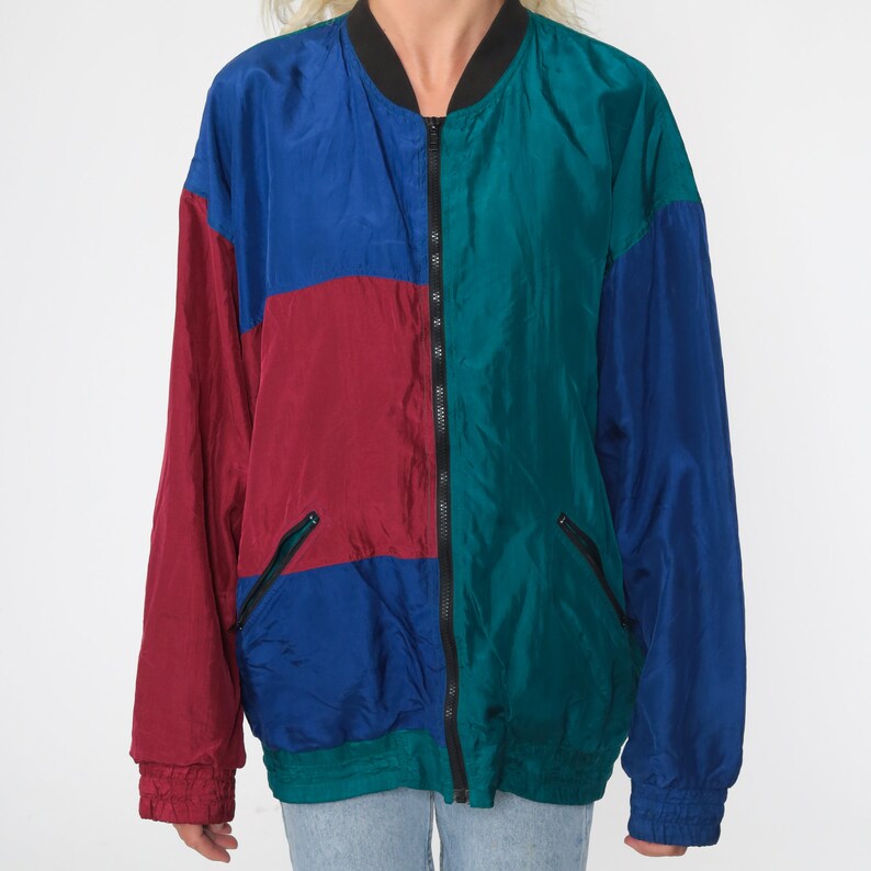 Silk Color Block Jacket 80s Windbreaker Jacket Teal Red Blue - Etsy