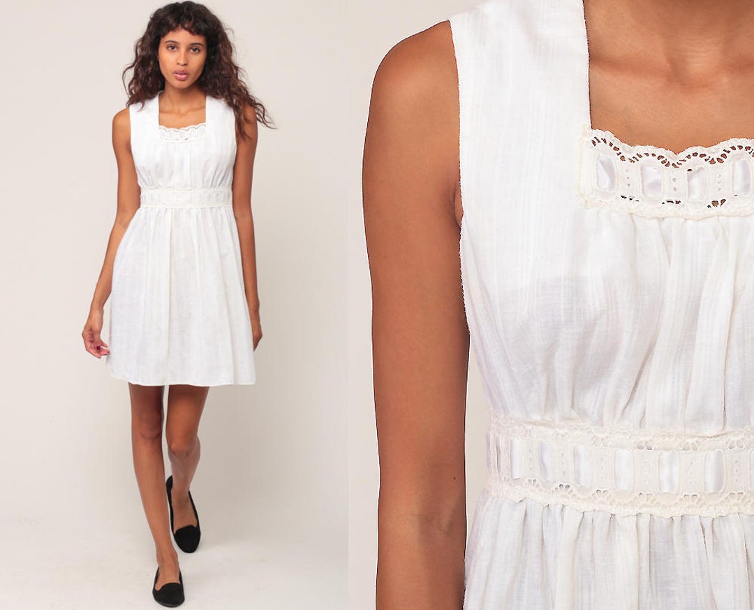 White Mini Dress 70s Babydoll Bohemian LACE White Cotton Dress Semi ...