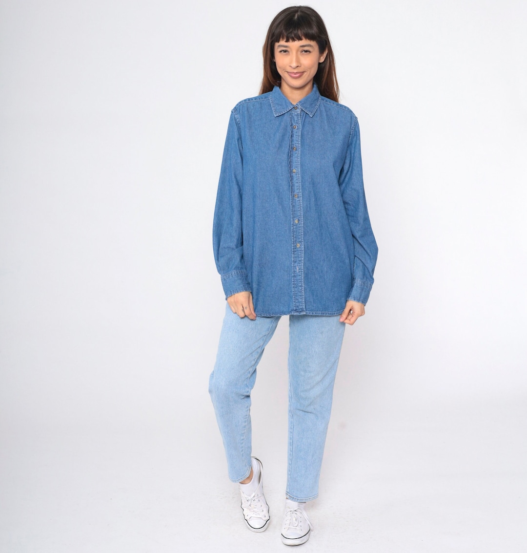 90s Denim Shirt Blue Jean Button up Pocketless Smooth Front Long Sleeve ...