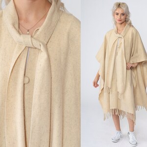 Cream Wool Cape Coat 70s Poncho Jacket Button up Cloak Necktie Hanky ...