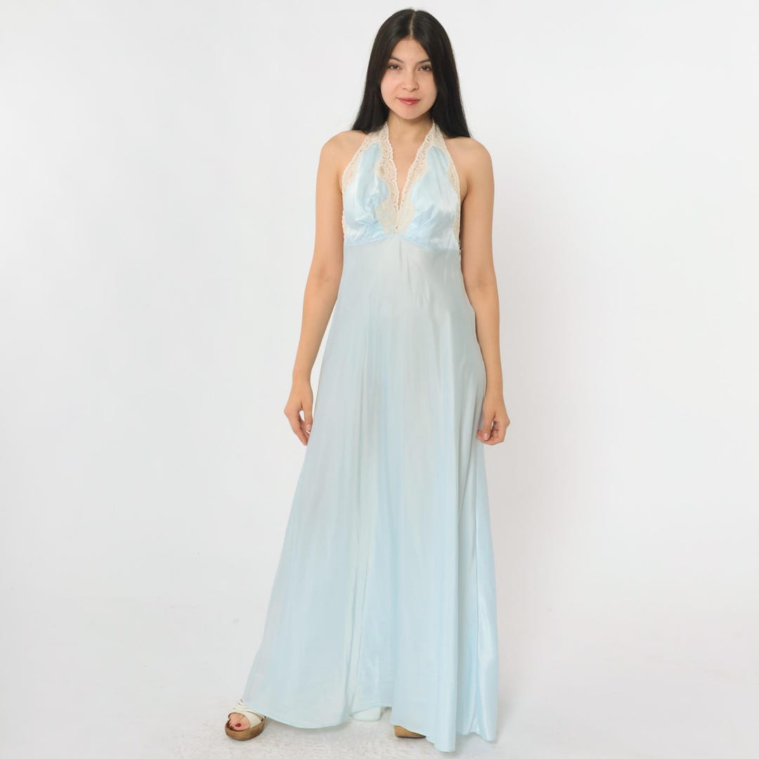70s Blue Nightgown Set With Robe Halter Neck Two Piece Nightie Lace ...