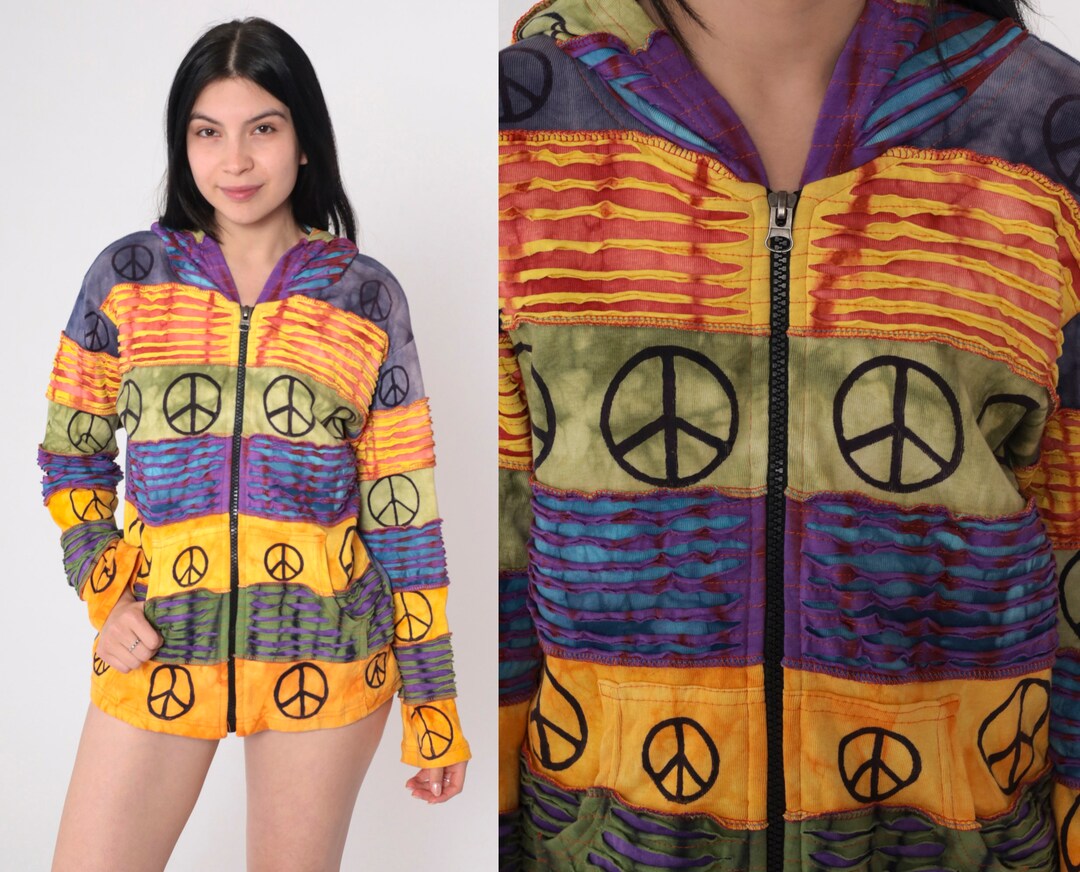 Tie Dye Sweatshirt Jacket Y2K Peace Sign Hippie Patchwork Hoodie Zip up ...