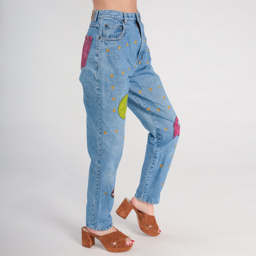 90s Pac-man Jeans Vintage Tapered Jeans Mom Hand Painted High Waist ...