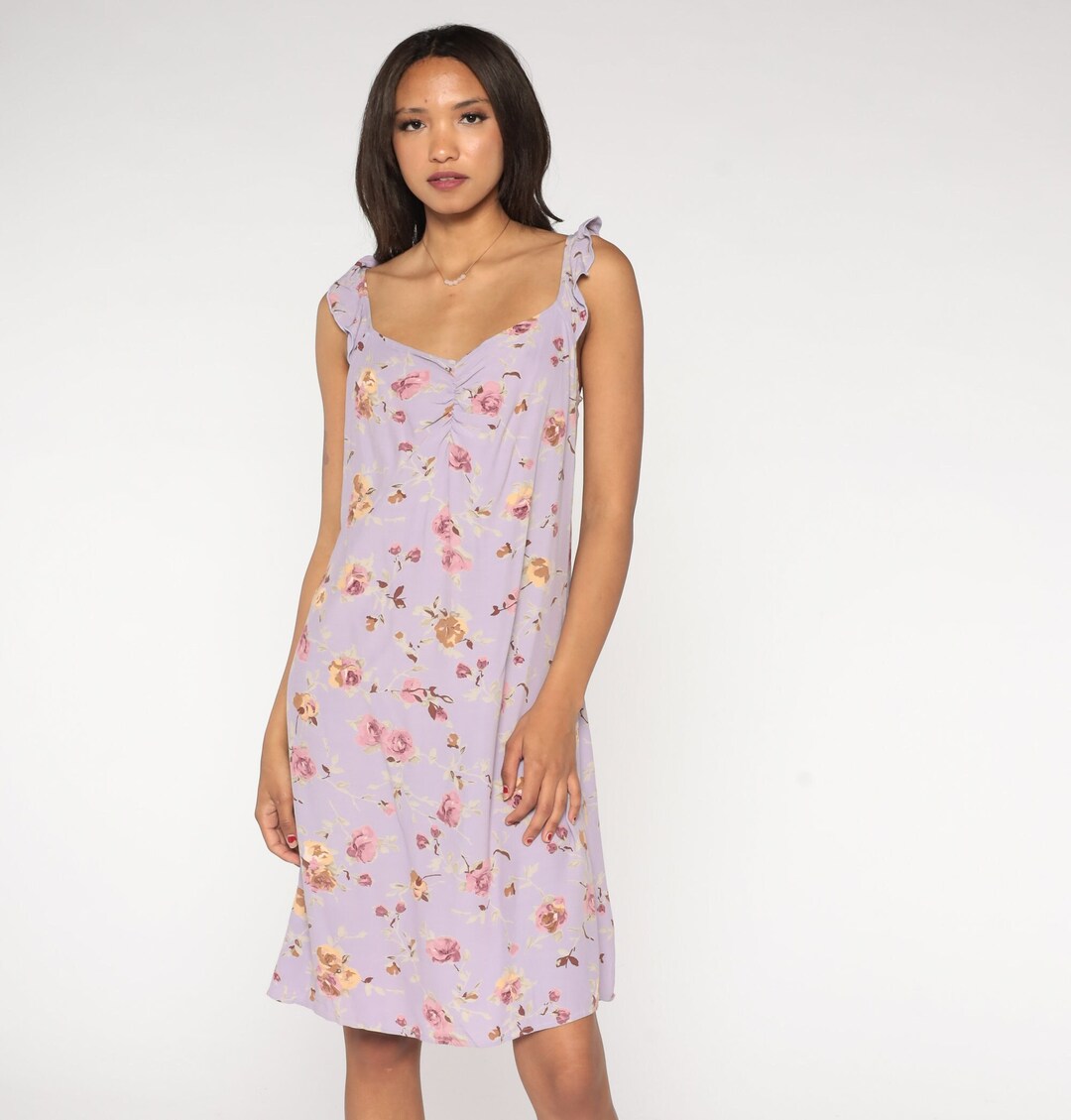 Purple Floral Sundress Y2k Lavender Midi Dress Boho Flower Print Ruched ...