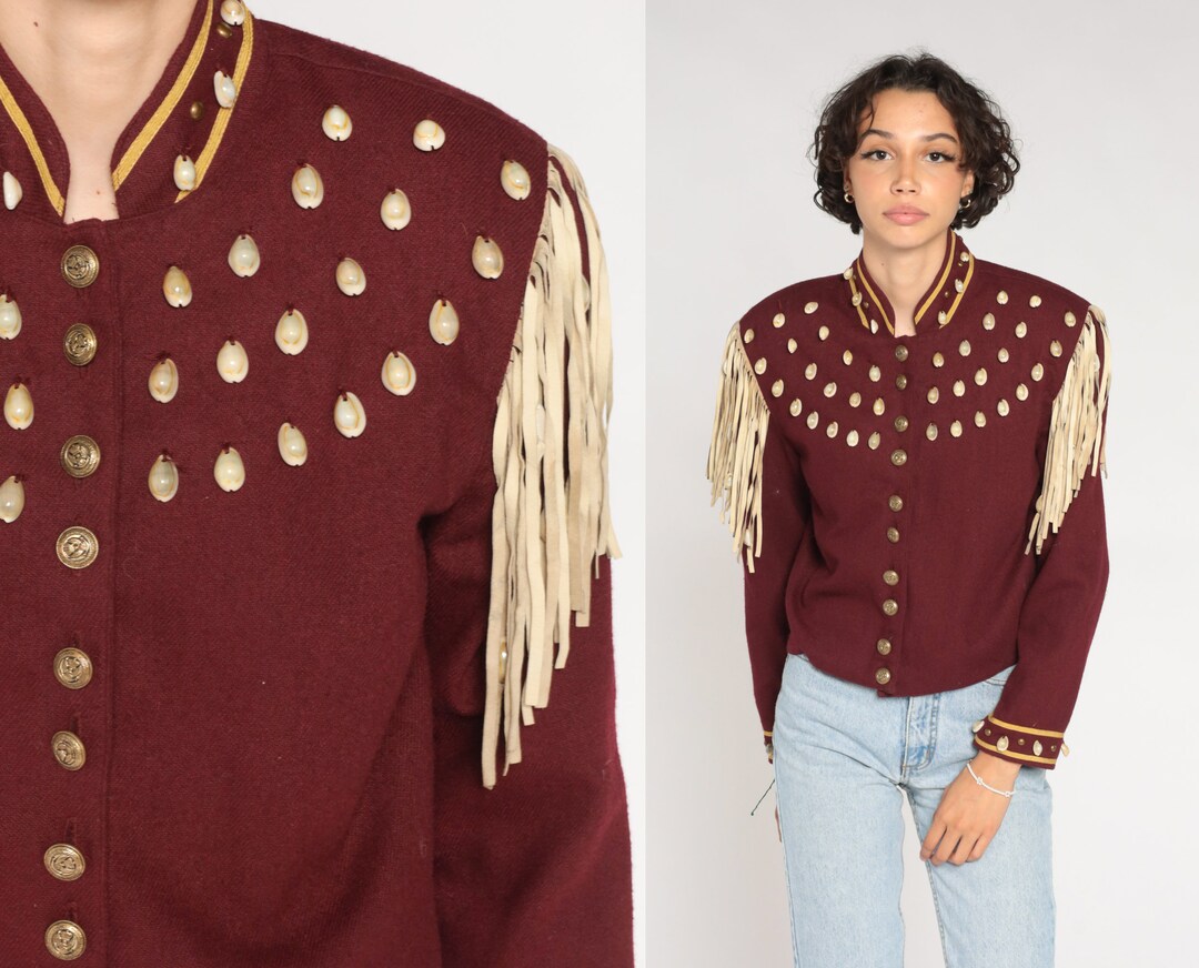 Wool Fringe Jacket 80s Maroon Button up Western Coat Puca - Etsy