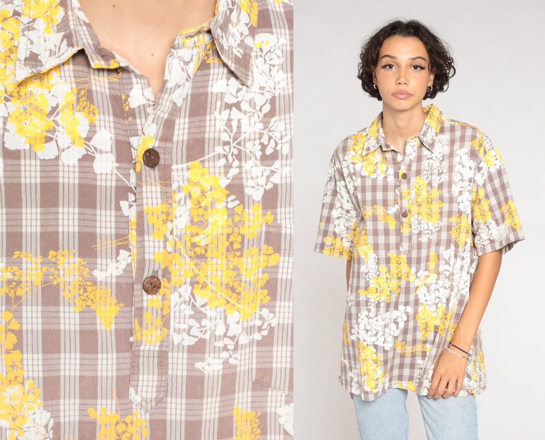 Checkered Floral Shirt 80s Half Button up Shirt Retro Preppy Short ...