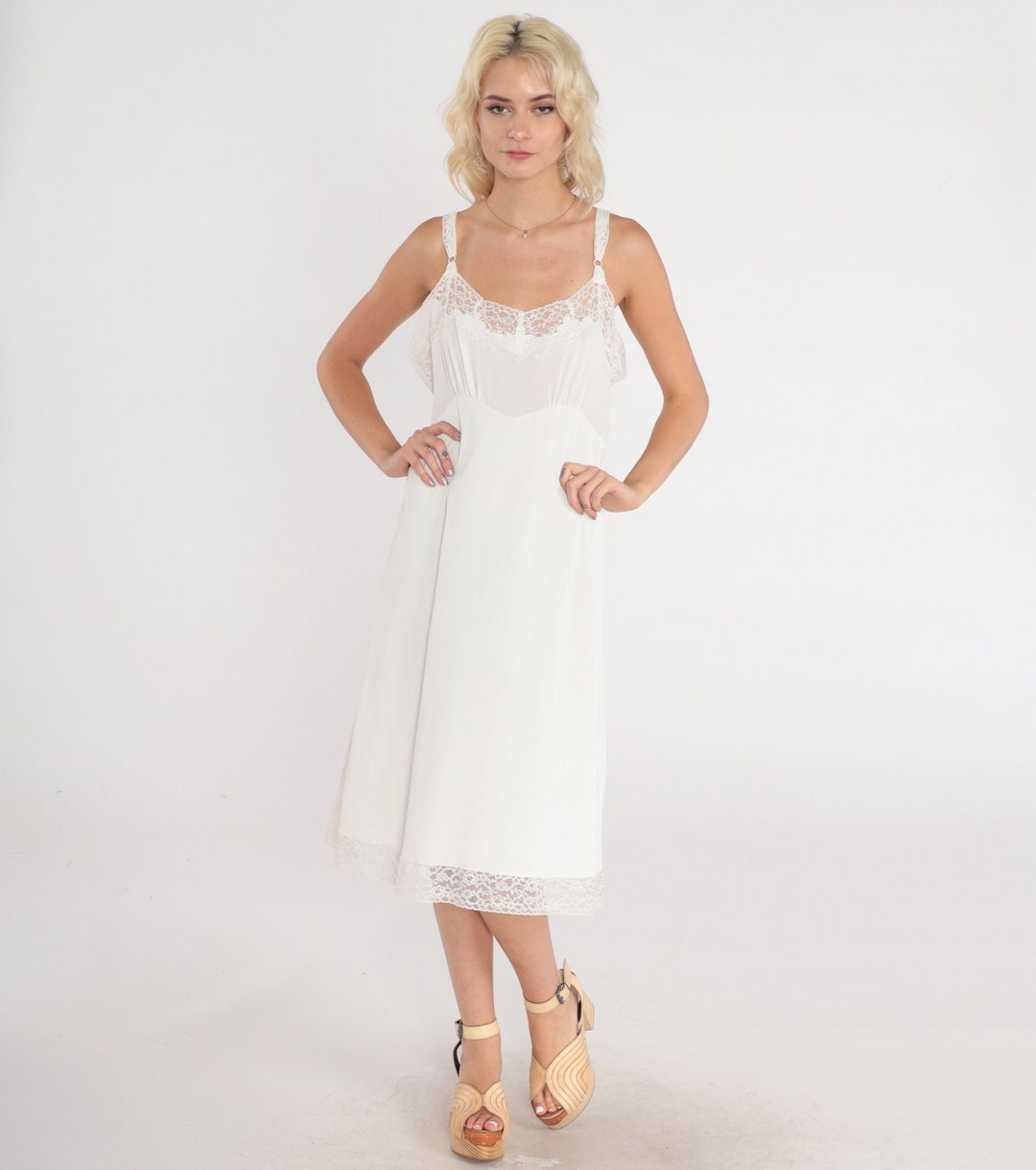 White Slip Dress 70s Lace Trim Lingerie Nightgown Midi Full Slip Empire ...