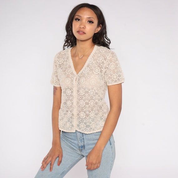 Sheer Crochet Top 80s Beige Boho Blouse Open Weave Cu… - Gem