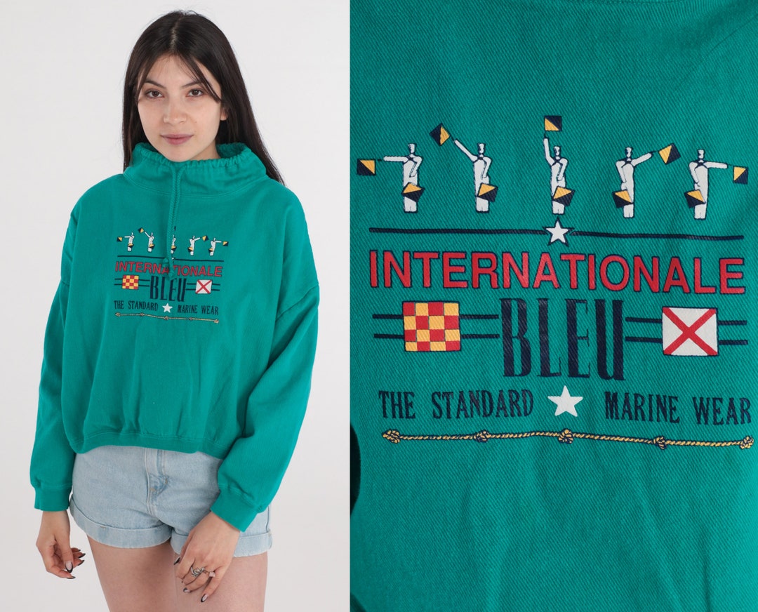 Drawstring Neck Sweatshirt 90s Green Nautical Cotton Pullover Shirt ...