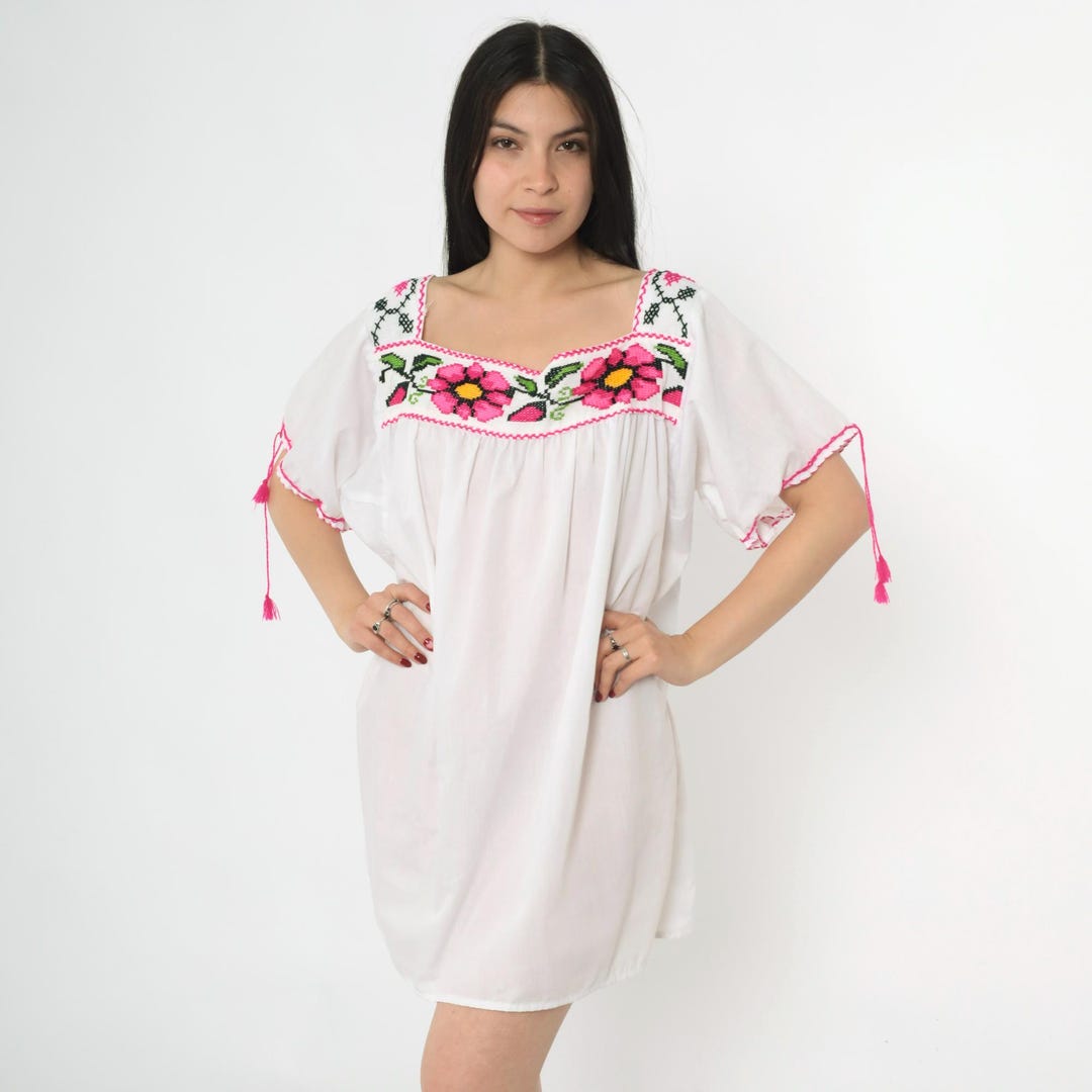 Vintage White Mexican Dress 90s Floral Embroidered Micro Mini Dress ...
