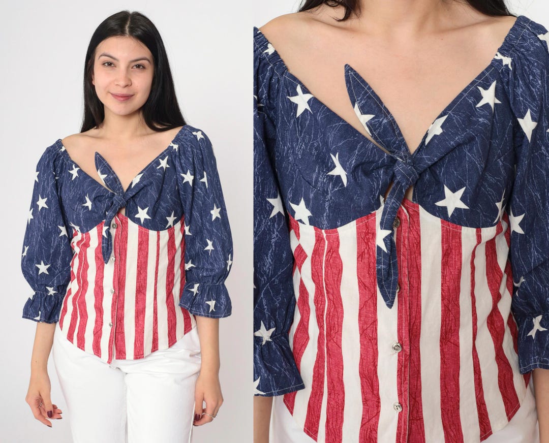 90s American Flag Blouse Peasant Bustier Top Red White & Blue Button up ...