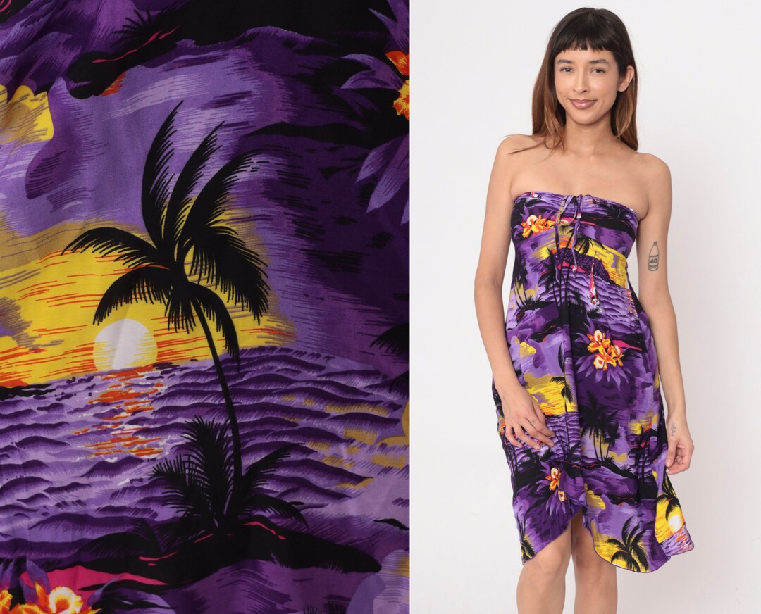 Strapless Sun Dress Purple Palm Tree Sailboat Sundress 00s Tropical ...