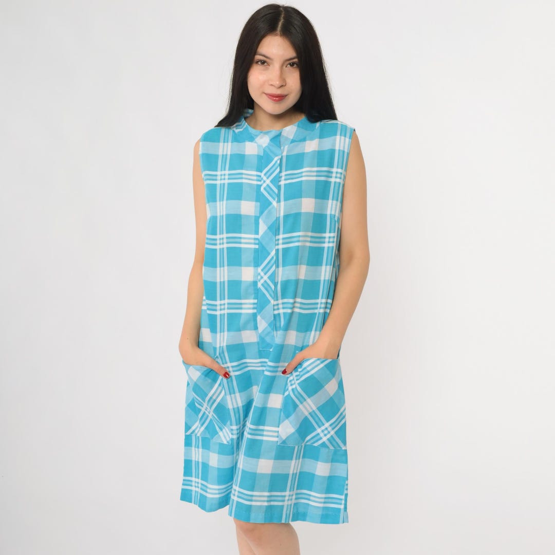 60s Plaid Dress Aqua Blue White Check Vintage Shift Carol Brent Retro ...