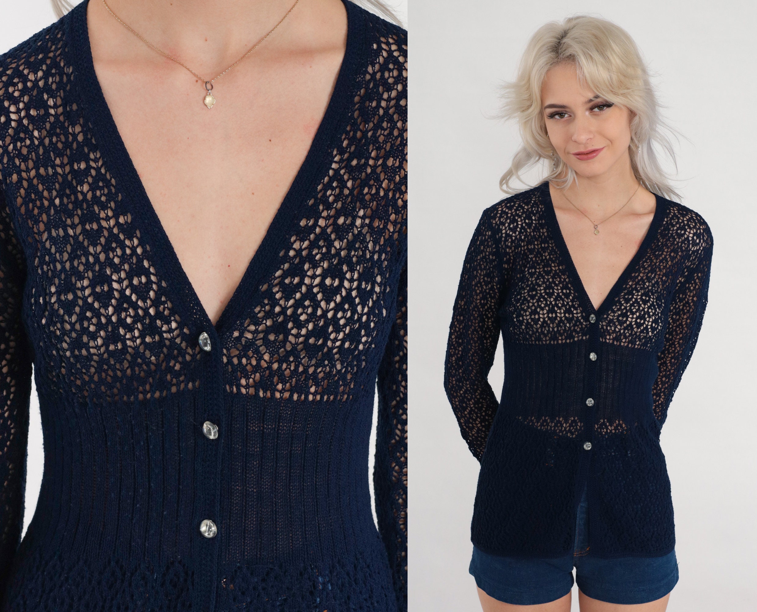 70s Crochet Cardigan Navy Blue Sheer Knit Sweater Top Boho - Etsy UK