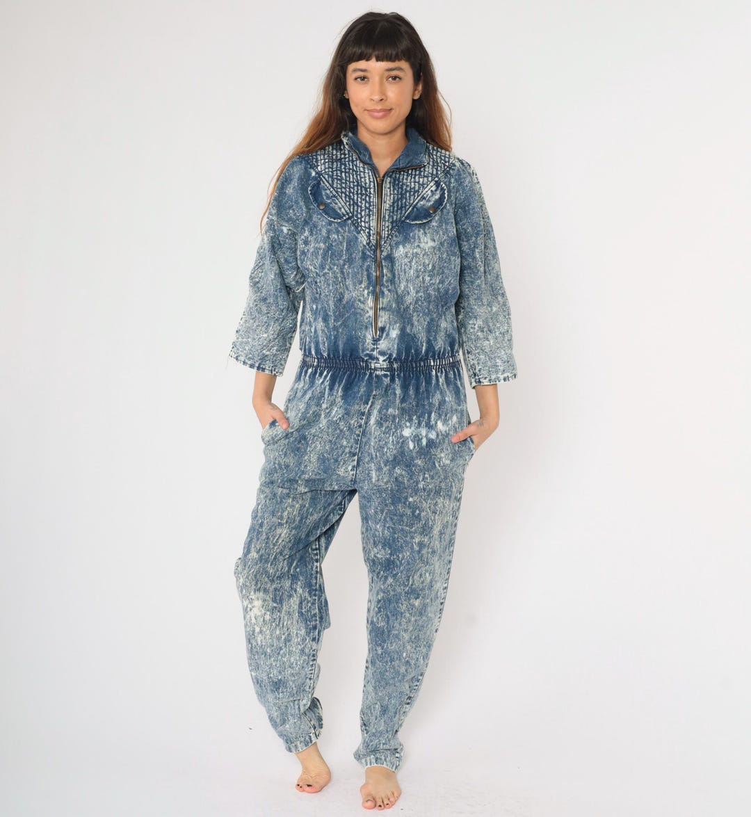 80s Denim Jumpsuit Acid Wash Tapered Pants Jean Romper Pantsuit Vintage ...