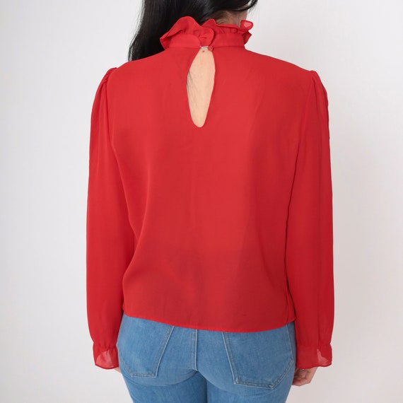 Red Ruffle Blouse 80s Pleated Top Semi-Sheer Long Puf… - Gem