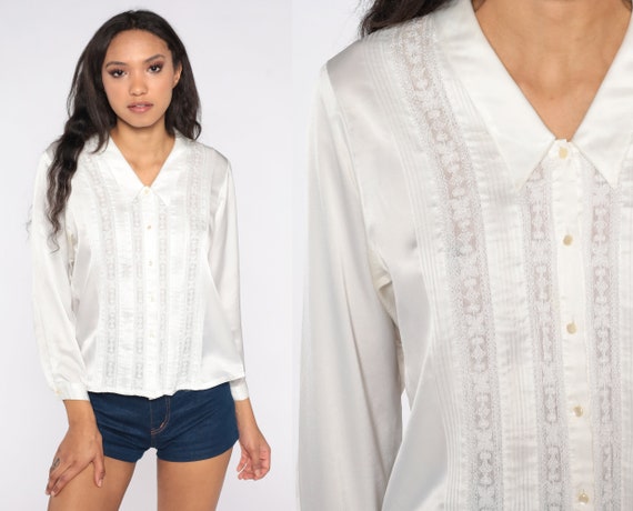 Victorian Blouse White Lace Satin Shirt 80s Boho Top … Gem