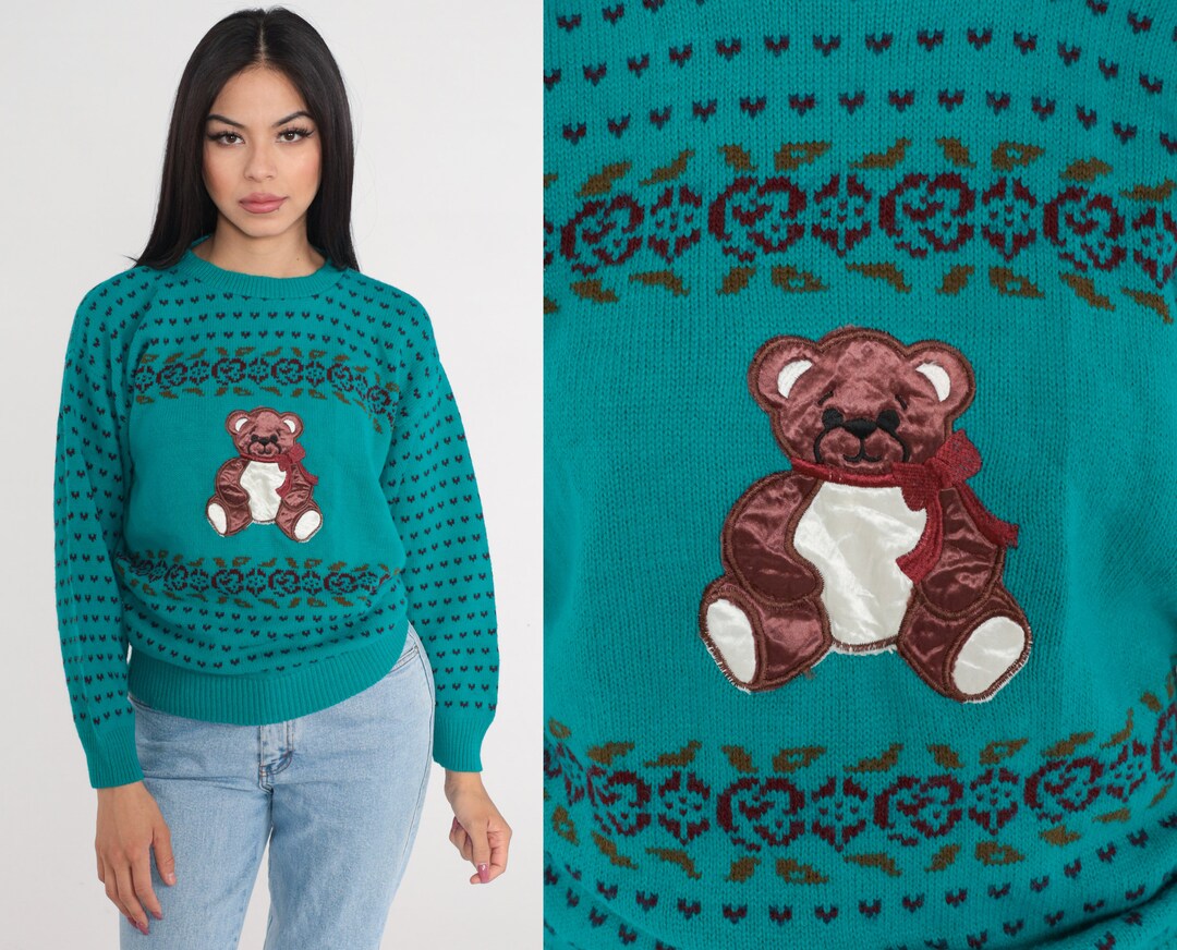 Teddy Bear Sweater 80s Teal Knit Pullover Floral Hearts Girly Novelty ...