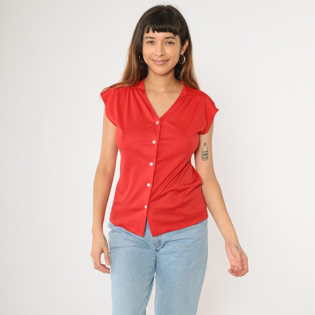 80s Button up Shirt Red Blouse Short Cap Sleeve Top Vintage Basics ...