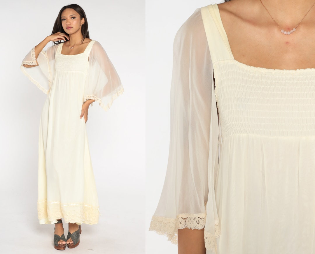 70s Boho Maxi Dress Angel Sleeve Empire Waist Cream Smocked Hippie ...