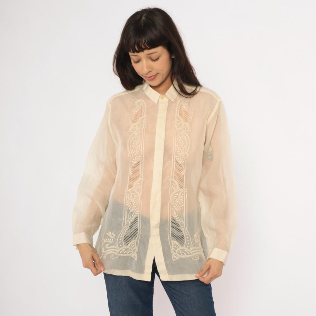 90s Embroidered Barong Tagalog Sheer Cream Button Front Shirt Blouse ...