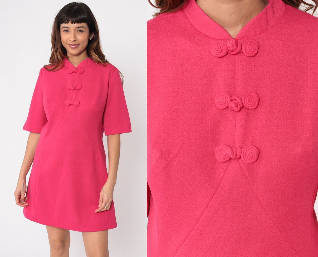 Pink Mini Dress 70s Mod Dress Frog Button up Shift Dress Retro Short ...