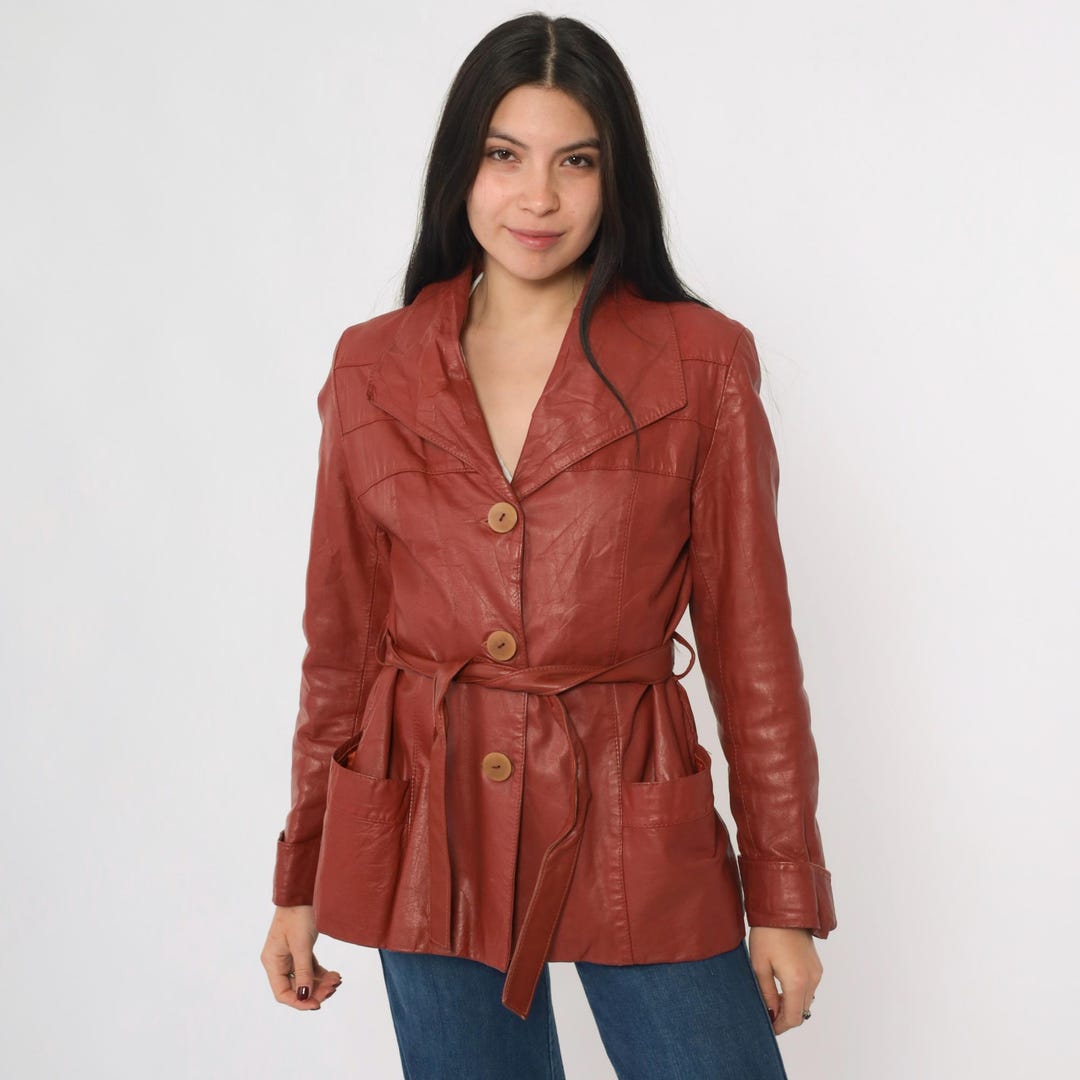 Vintage 70s Leather Jacket Brick Red Boho Jacket Belted 70s Bohemian ...