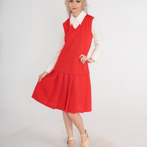 Pleated Mod Dress Red 60s 70s Scooter Dress Cable Knit Vest Nerdy Shift ...