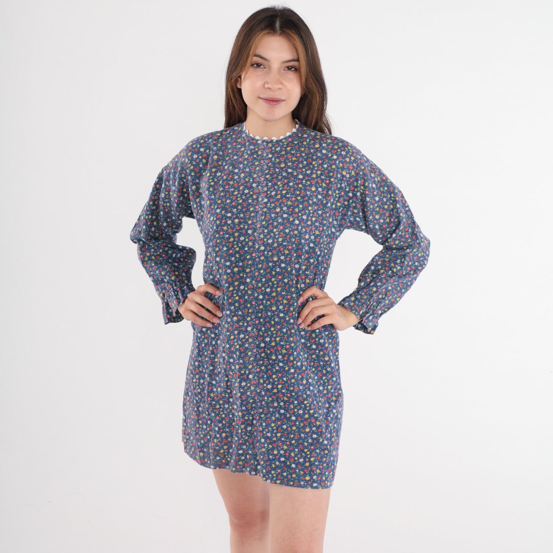 70s Mini Dress Blue Floral Shift Mod Hippie 60s Boho Calico Print ...