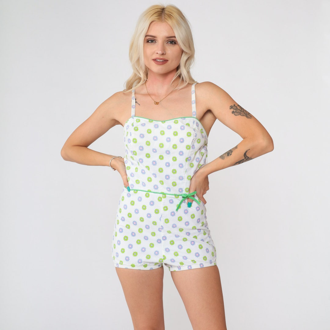 60s One Piece Bathing Suit Mod Floral Swimsuit White Smocked White ...